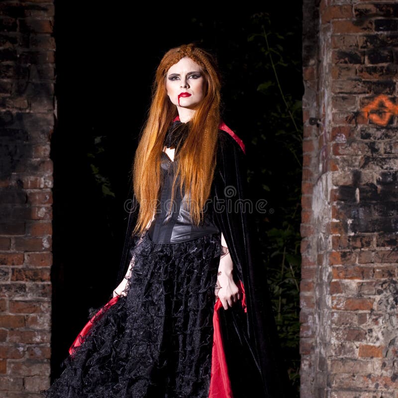 Terrible Vampire Woman in Red Cloak Stock Photo - Image of hungry ...