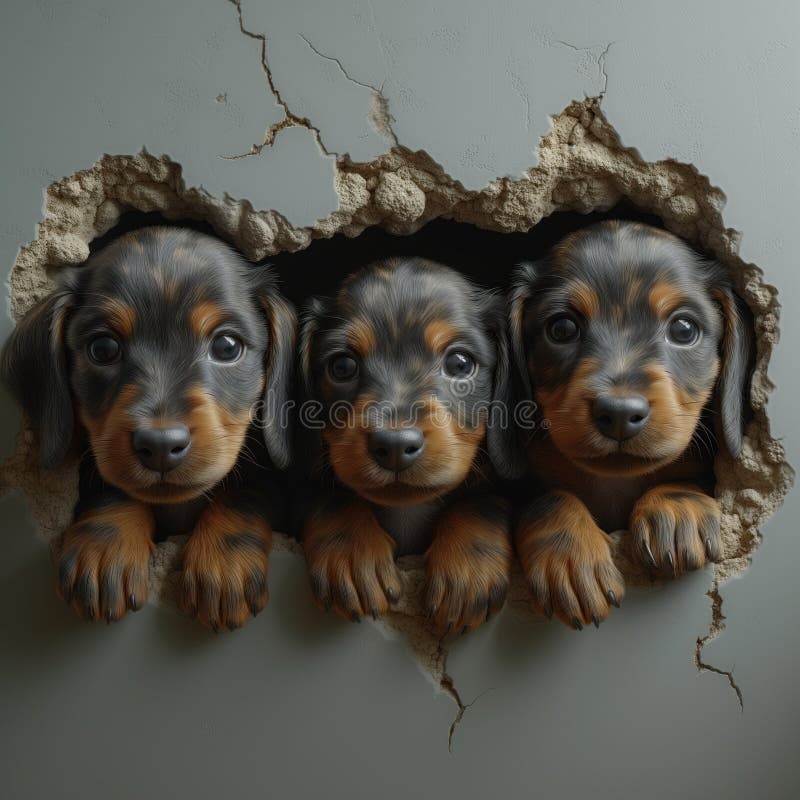 A Terrier Puppies Peeking Out of a Hole in the Wall Stock Illustration ...