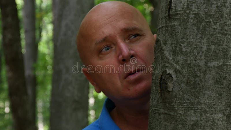Terrified Man is Hiding Scared after a Tree in the Forest Stock Footage ...