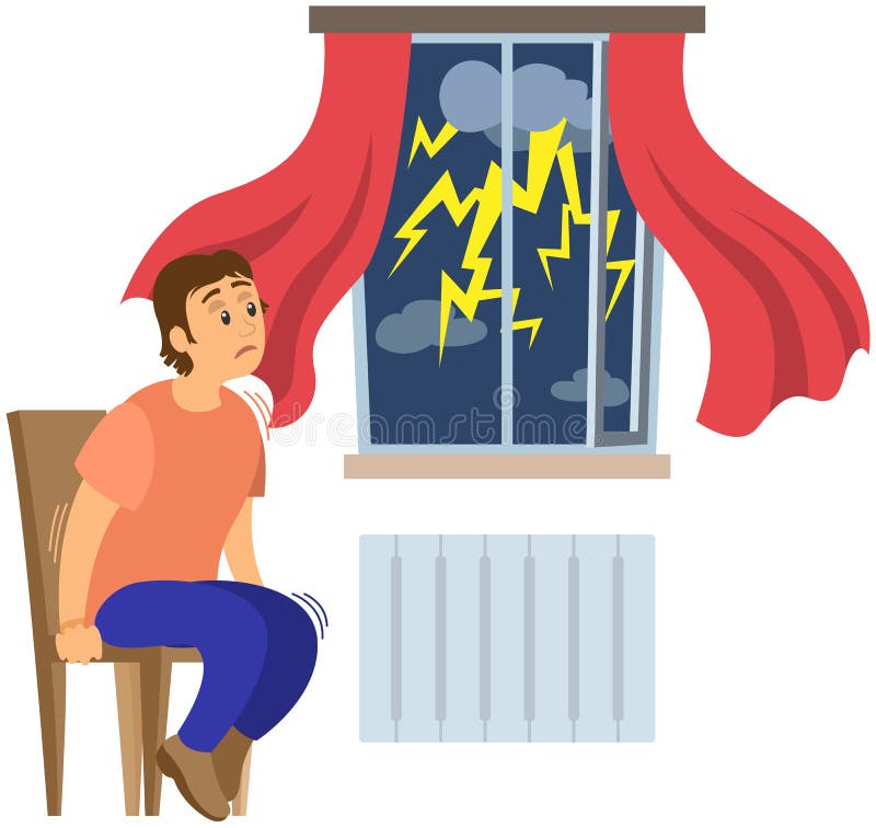 Terrified Man is Afraid of Thunder and Lightning. Person Looks Scared ... Terrified Man is Afraid of Thunder and Lightning. Person Looks Scared ...