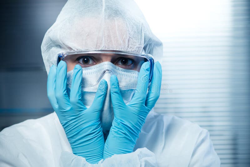 Terrified Scientist in Hazmat Suit Stock Photo - Image of protective ...