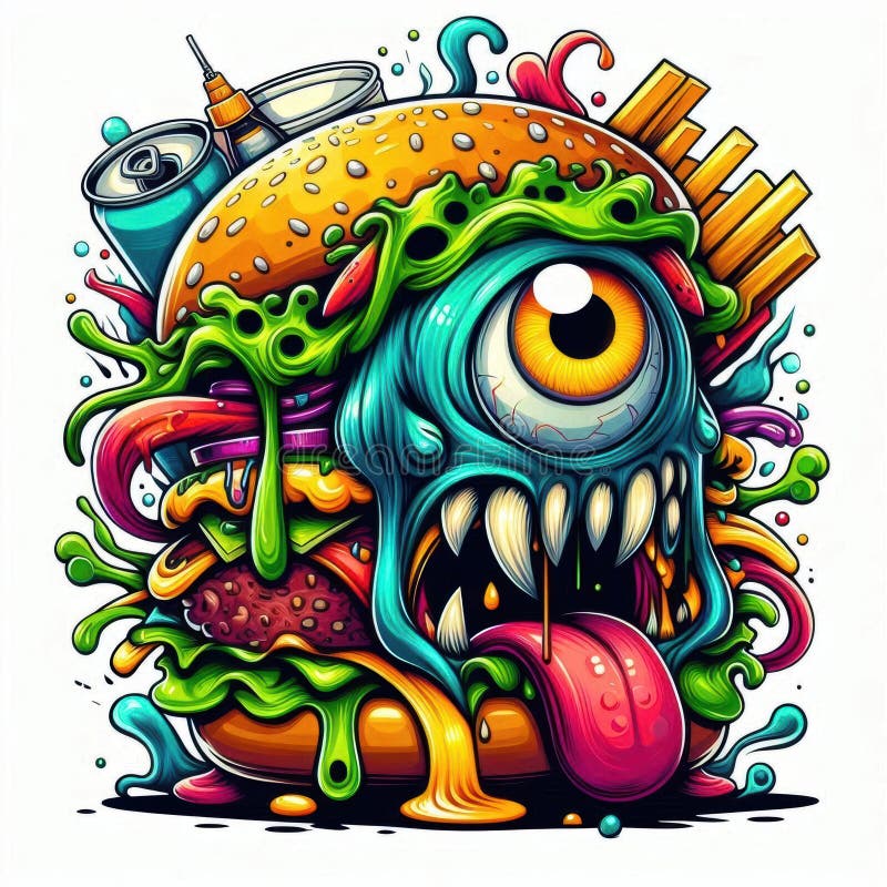 Monstrous Cheeseburger with Sharp Teeth and Dripping Sauce in a Vibrant ...