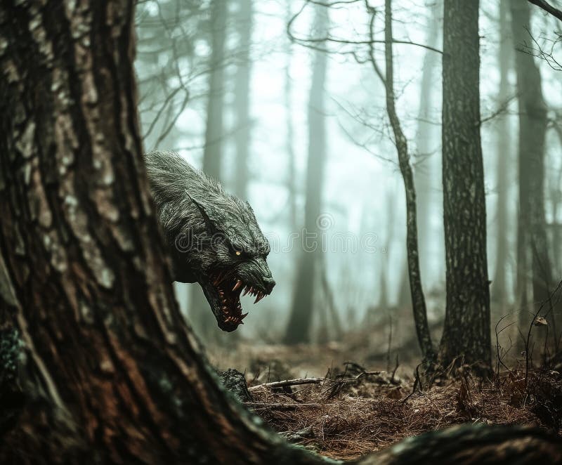 A Terrifying Creature with Sharp Fangs Lurks Behind Trees in a Misty ...
