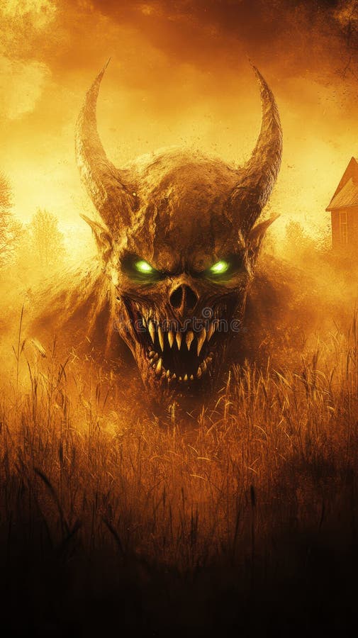 Terrifying Demon with Jagged Teeth and Glowing Green Eyes Stock ...