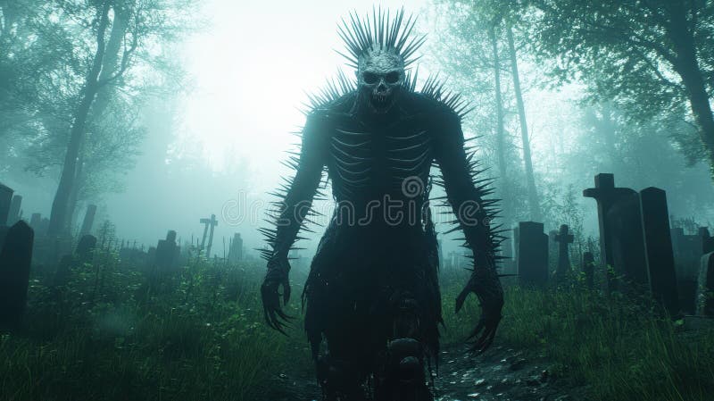 Terrifying Demon with Spikes in Misty Graveyard Stock Illustration ...