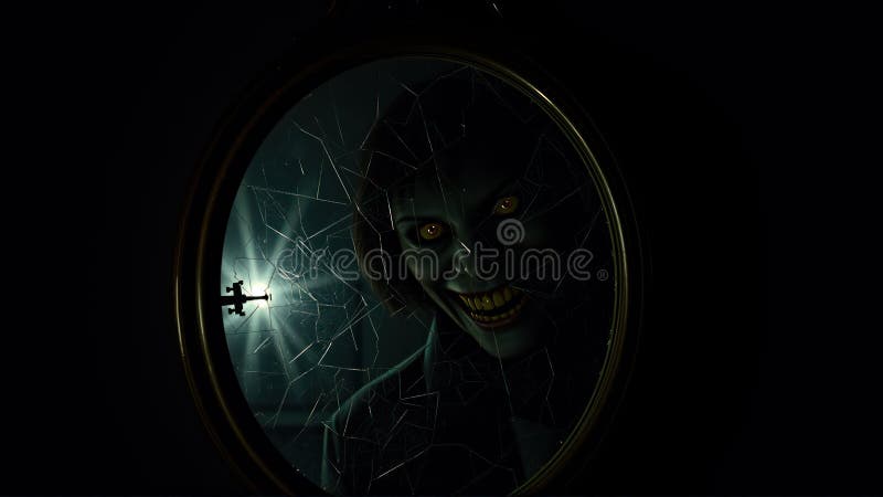 Terrifying Face in Broken Mirror with Eerie Green Glow. AI Generation ...