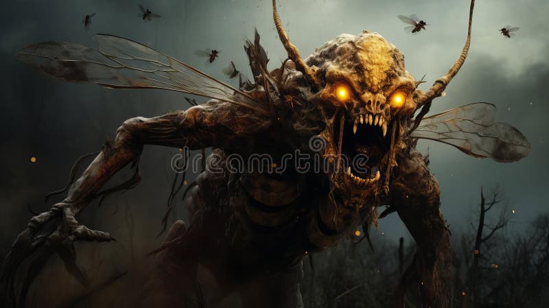 Terrifying Insectoid Nightmare Creature with Glowing Yellow Eyes Stock ...