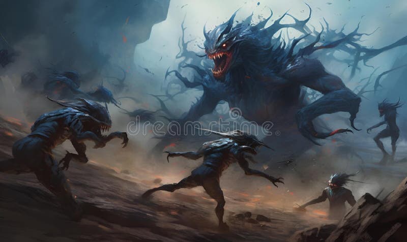 A Terrifying Monster Fighting Dark Creatures in a Dramatic Fantasy ...