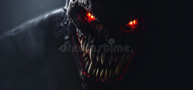 Terrifying Monster with Glowing Red Eyes and Sharp Teeth in Dark ...