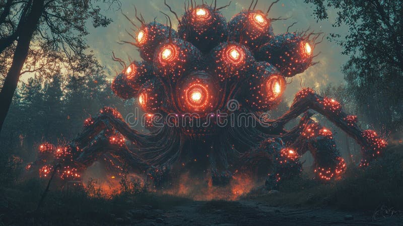 A Terrifying Monster with Multiple Eyes Tentacles Emerges from a Forest ...