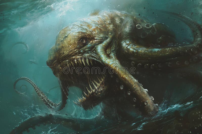 Terrifying Scary Sea Monster in Dark Depths of Deep Ocean Stock Photo ...