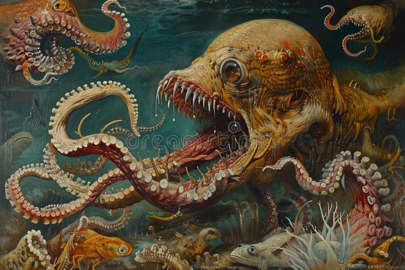 Terrifying Scary Sea Monster in Dark Depths of Deep Ocean Stock Image ...