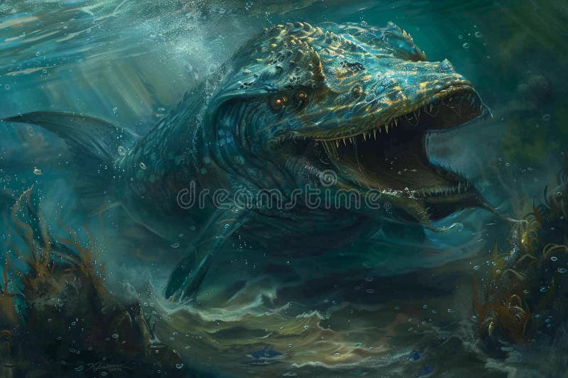 Terrifying Scary Sea Monster in Dark Depths of Deep Ocean Stock Image ...