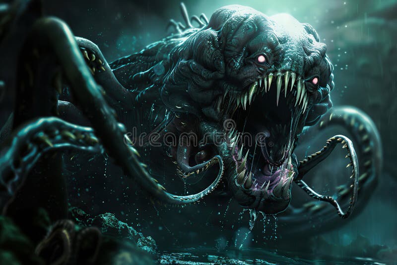 Terrifying Scary Sea Monster in Dark Depths of Deep Ocean Stock Image ...