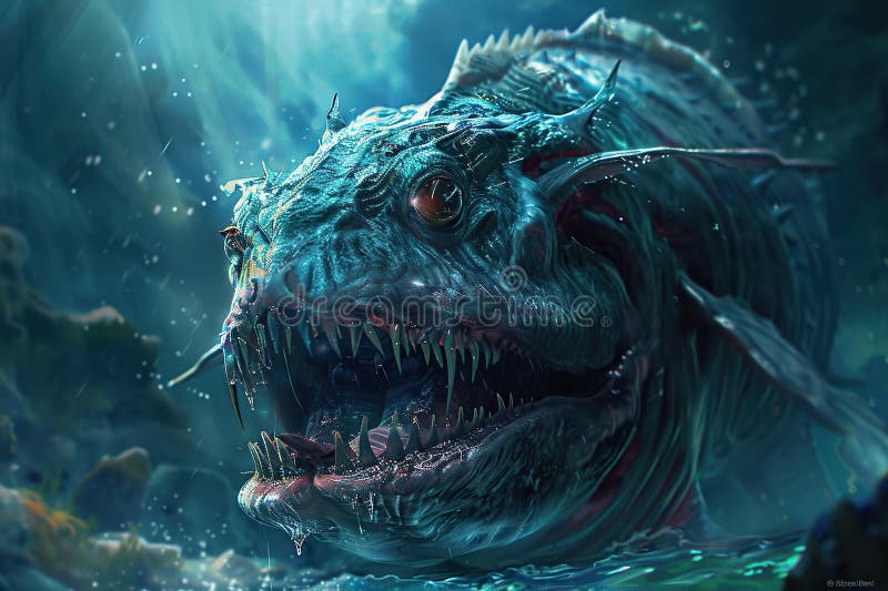 Terrifying Scary Sea Monster in Dark Depths of Deep Ocean Stock Image ...