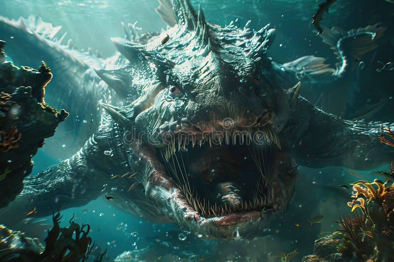 Terrifying Scary Sea Monster in Dark Depths of Deep Ocean Stock Image ...