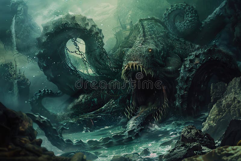 Terrifying Scary Sea Monster in Dark Depths of Deep Ocean Stock Image ...
