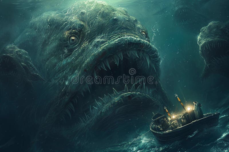 Terrifying Scary Sea Monster in Dark Depths of Deep Ocean Stock ...