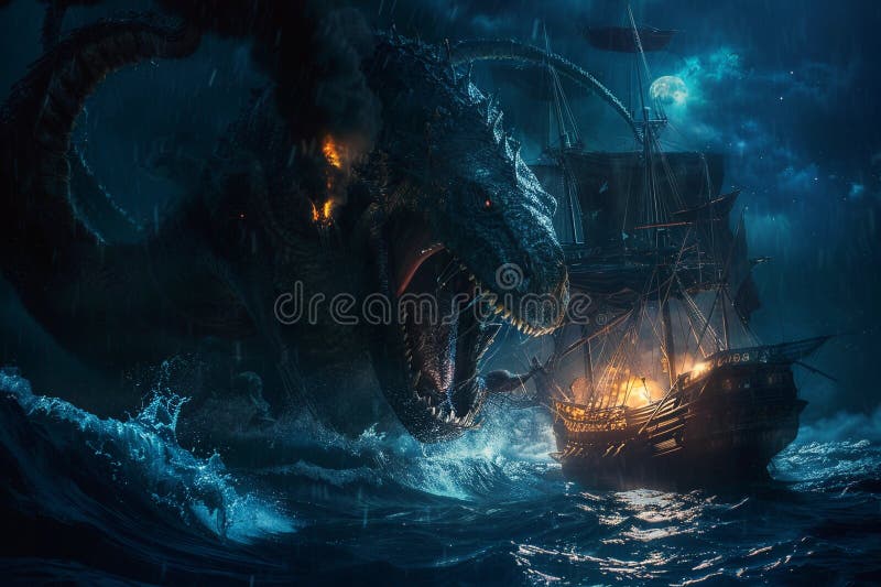 Terrifying Scary Sea Monster in Dark Depths of Deep Ocean Stock ...