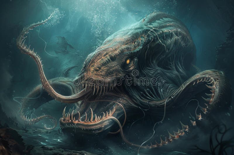 Terrifying Scary Sea Monster in Dark Depths of Deep Ocean Stock Image ...