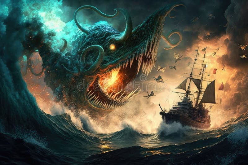 A Terrifying Sea Monster Attack with a Burning Ship in the Background ...