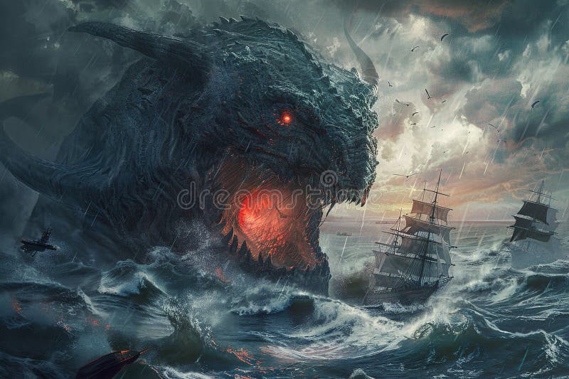 Terrifying Sea Monster in the Depths of the Ocean Stock Illustration ...