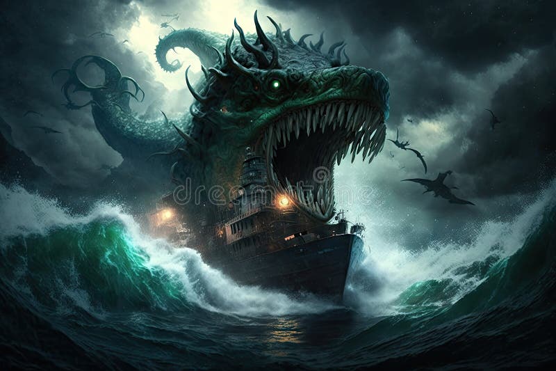 A Terrifying Sea Monster Devouring a Shipwreck in the Middle of Stormy ...