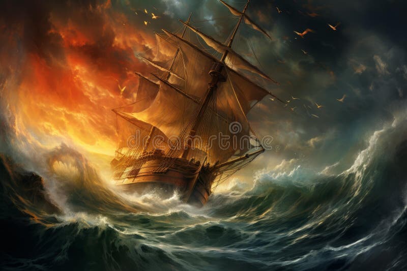 Terrifying Ship Fire in Sea Storm. Generate Ai Stock Illustration ...