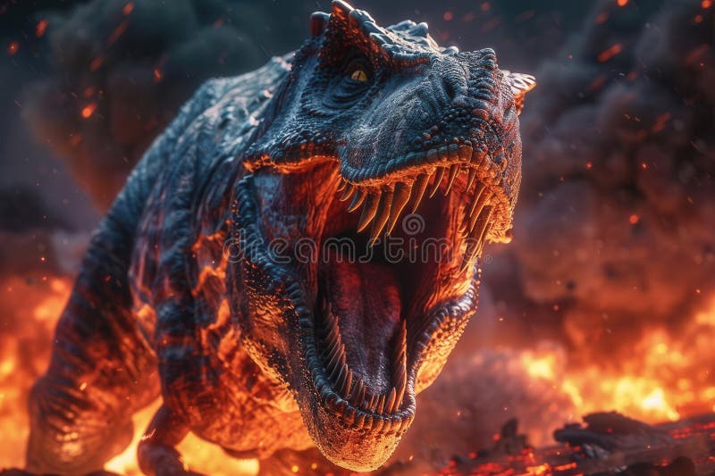 A Terrifying T-Rex Dinosaur Roars in Front of a Fiery Background Stock ...