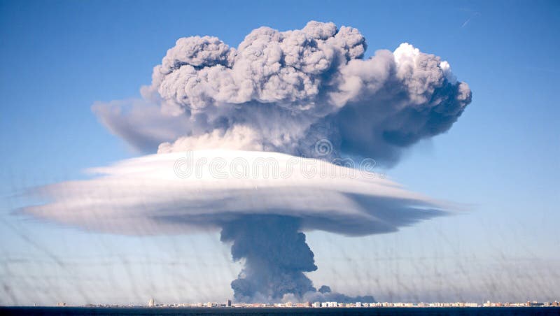 Massive Atomic Bomb Mushroom Cloud Rises Over a Distant Cityscape a ...