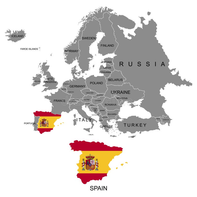 Territory of Europe Continent. Spain. Separate Countries with Flags ...