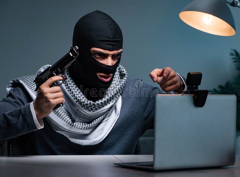 Terrorist Burglar with Gun Working at Computer Stock Image - Image of ...
