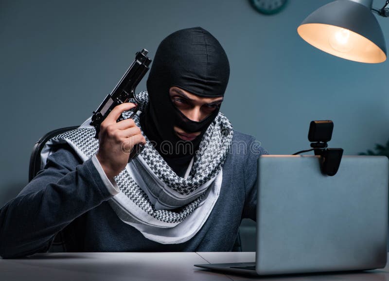 Terrorist Burglar with Gun Working at Computer Stock Image - Image of ...