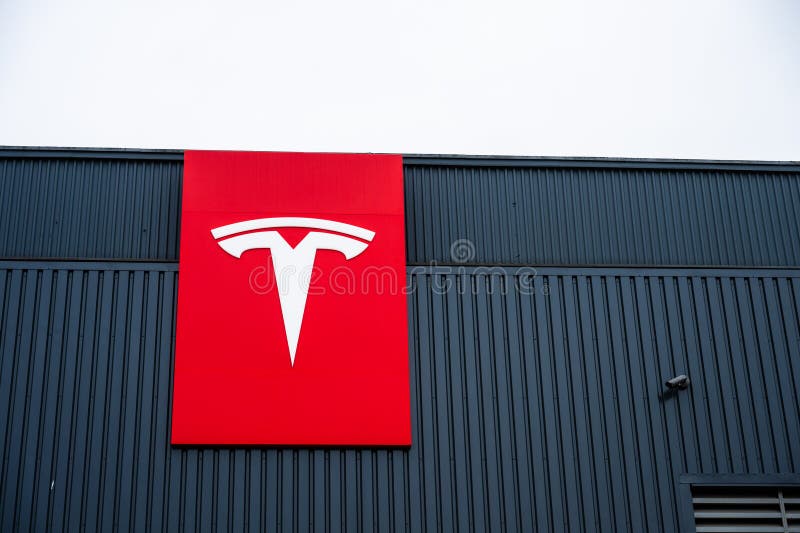 Tesla Logo on the Facade of a Large Workshop.. Editorial Stock Image ...
