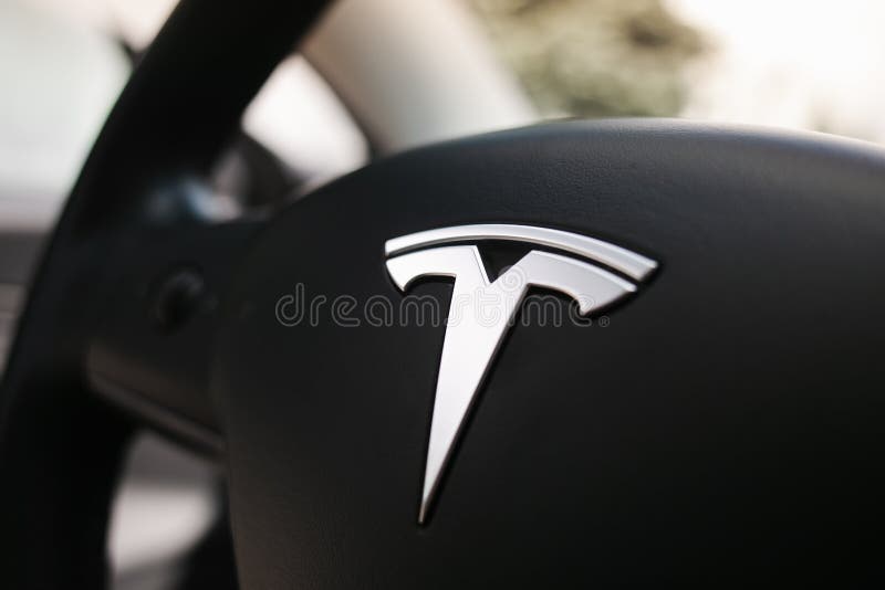 Tesla Model 3 Performance Logo on the Steering Wheel. Editorial ...