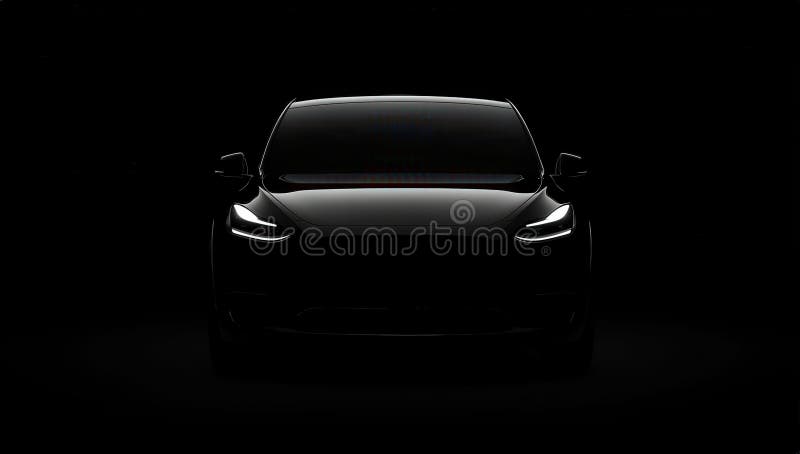 A Tesla Model Ys Front is Shown in Low Light at Night Stock Photo ...