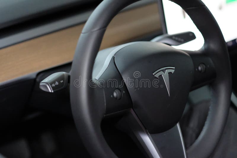 Tesla`s Brand Logo on Steering Wheel. Editorial Image - Image of close ...