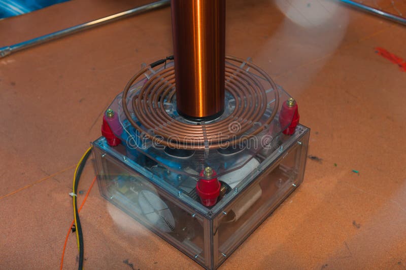Tesla Transformer Close-up of Part of the Main Coil with Electronics ...