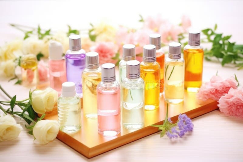 Test Samples of Body Mist Products Arranged on Table Stock Illustration ...