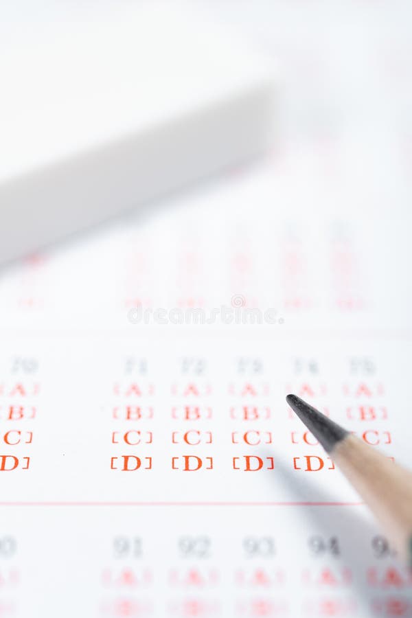 Test Score Sheet and Pencil and Eraser Close Up Vertical Composition ...