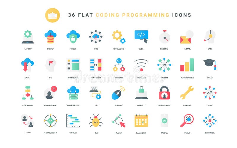 Test of Software Code, Data Storage Trendy Flat Icons Set, Support of ...