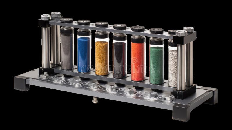 Test Station Displaying Various Colored Materials in Transparent Tubes ...