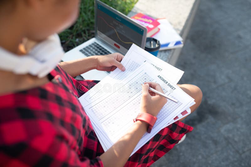 Top View of Student Wearing Smart Watch Preparing for Test Stock Image ...