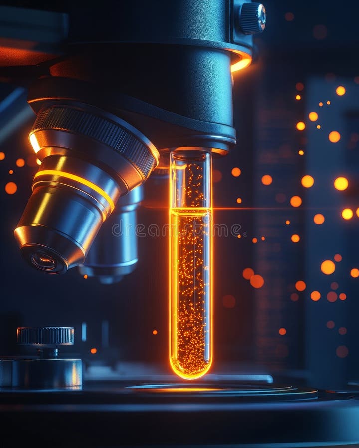 The Test Tube Contains a Glowing Liquid Sample Under Microscopic View ...