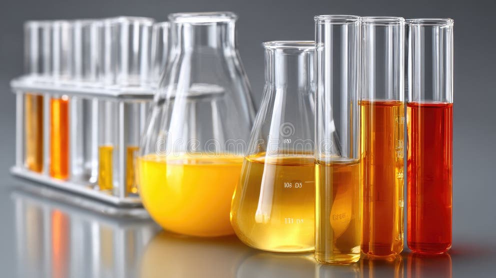 Test Tubes Arranged on a Reflective Surface Display Vibrant Liquids ...