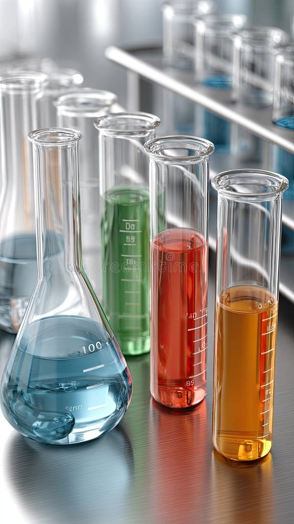 Test Tubes Arranged on a Reflective Surface Display Vibrant Liquids ...