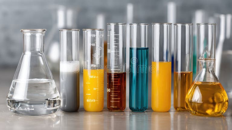 Test Tubes Arranged on a Reflective Surface Display Vibrant Liquids ...