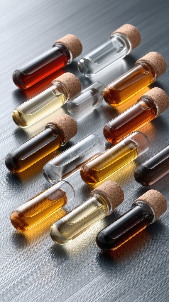 Test Tubes Arranged on a Reflective Surface Display Vibrant Liquids ...