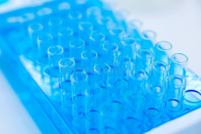 Test Tubes with Blue Chemicals Liquid at Workplace in Laboratory. Stock ...