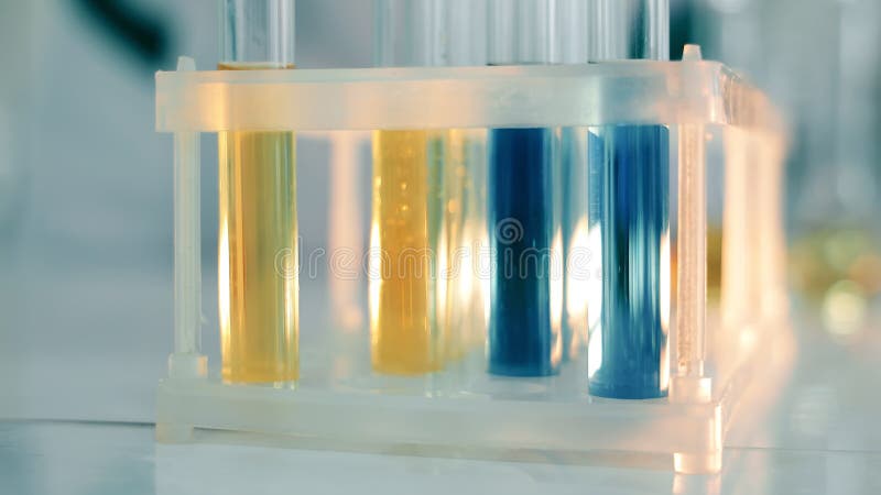 Test Tubes with Blue and Yellow Substance in the Laboratory. Work in ...